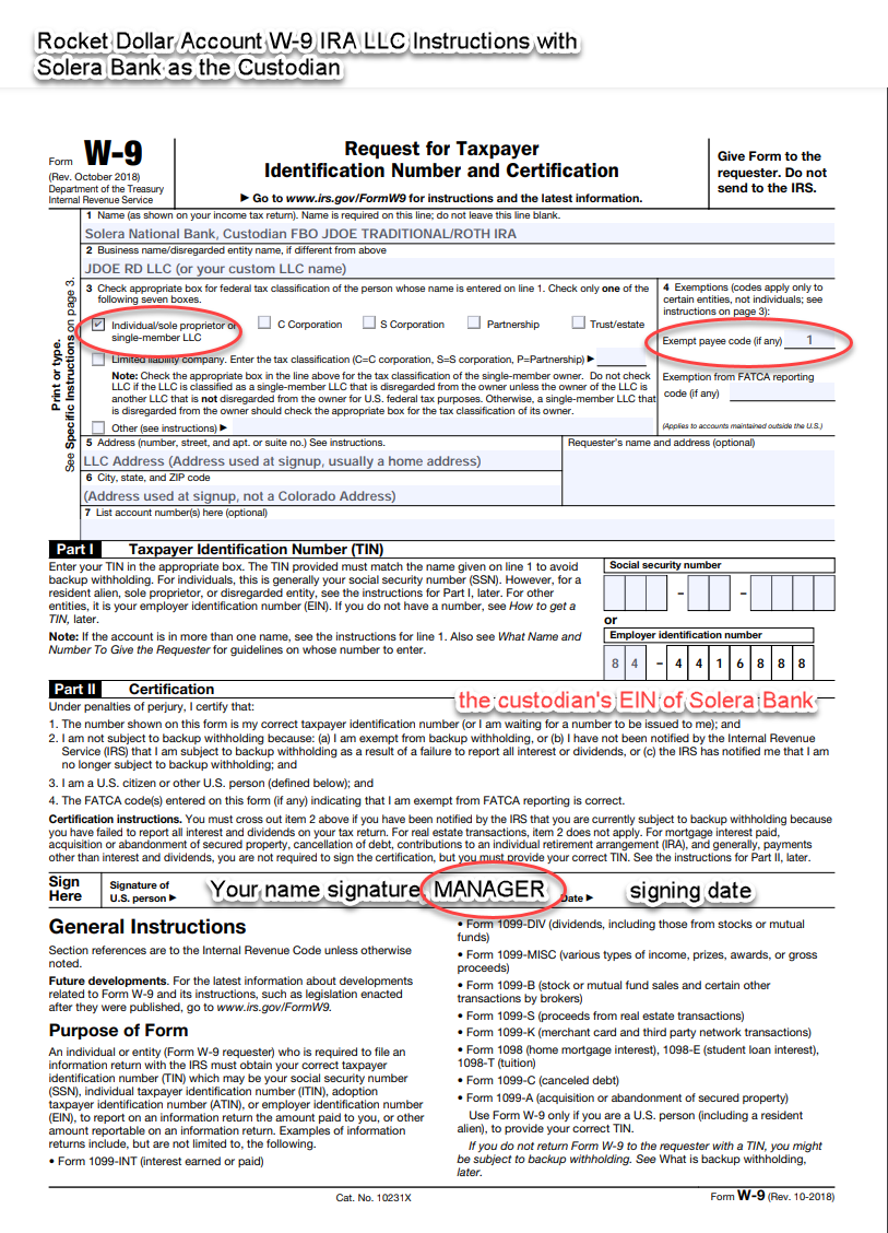How do I fill out IRS Form W-9 for my IRA LLC?